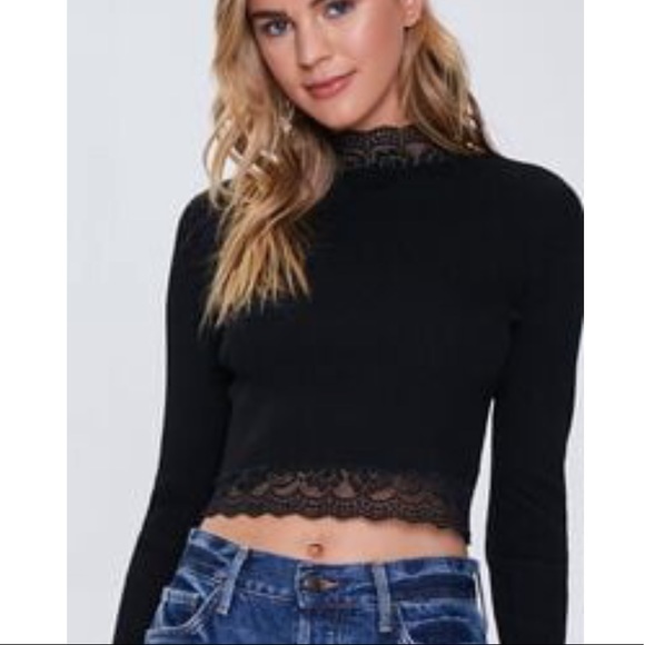 Tops | Ribbed Lacetrim Top Black | Poshmark